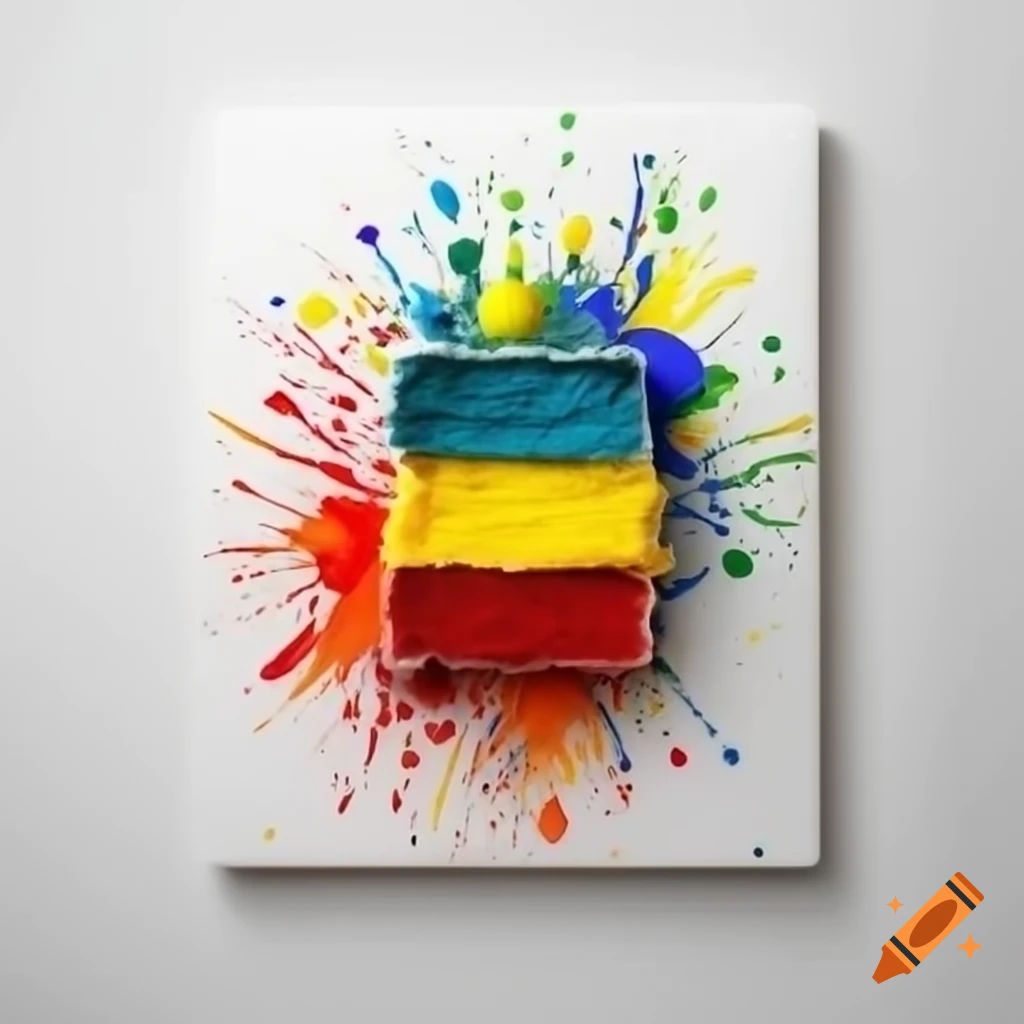 Vibrant primary colors splattered on white sheet cake on Craiyon