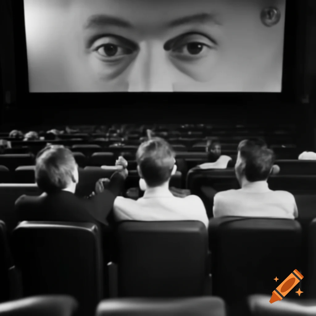Futuristic cinema scene with humans having super-developed eyes ...