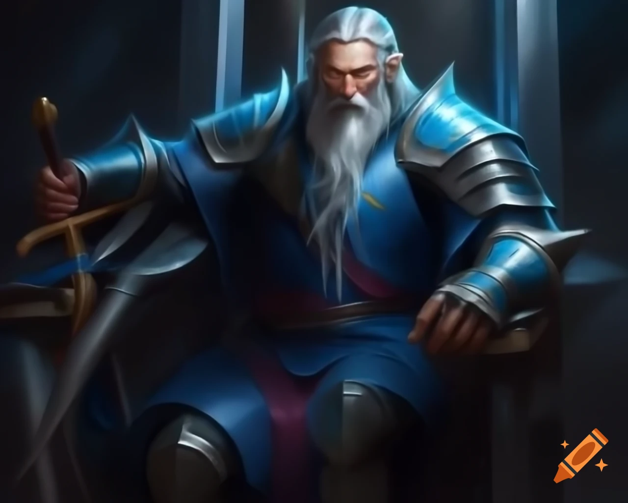 Muscly divine elven warrior in blue and silver armor holding great ...