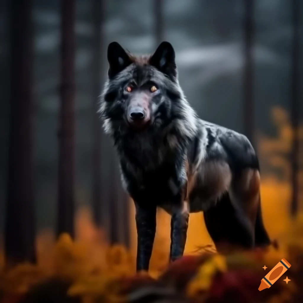 Black wolf standing against autumn winds among pines, ready for the ...