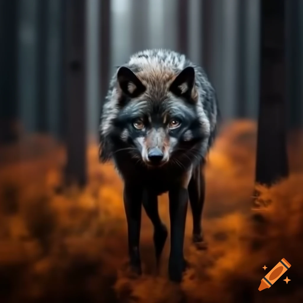 Black wolf standing against autumn winds among pines, ready for the ...