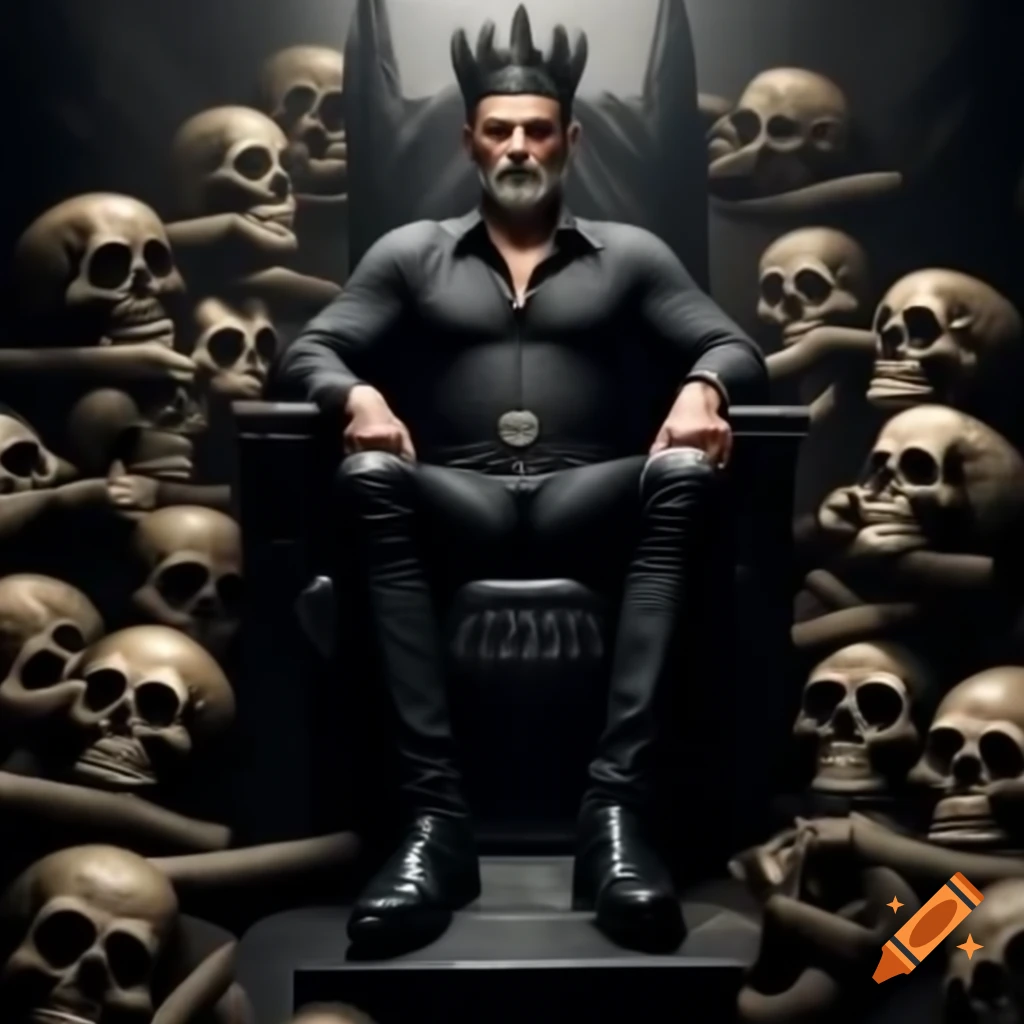 Man in black attire sitting on throne surrounded by skulls on Craiyon