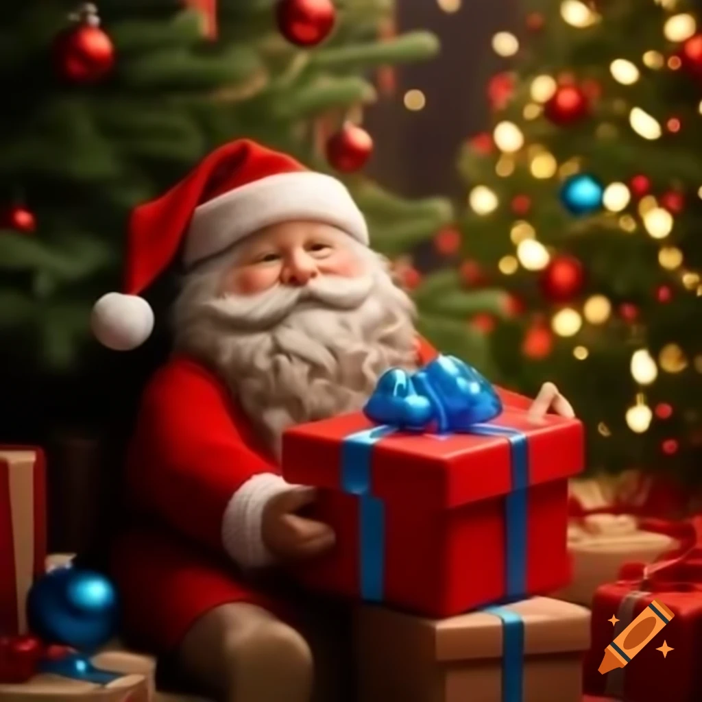 Mountain of wrapped presents beneath a twinkling Christmas tree on Craiyon