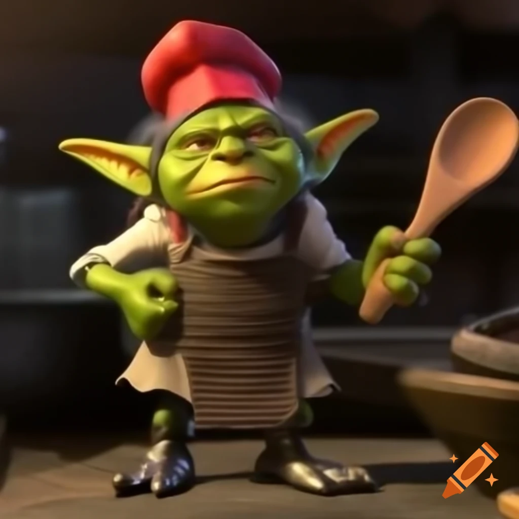 Redcap goblin chef in blood-spattered apron with wooden spoon in ...