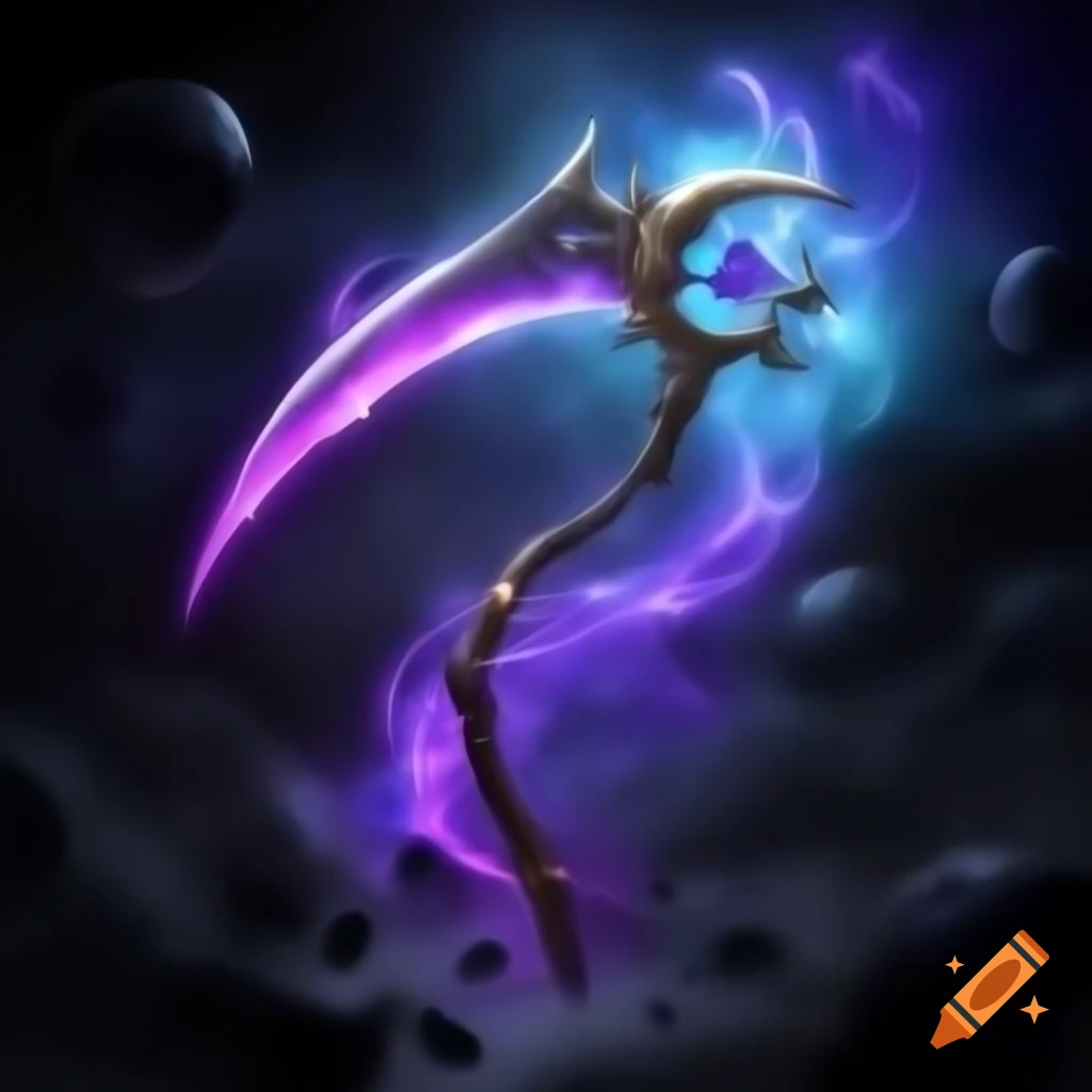 Magical cosmic scythe surrounded by chaotic energy and cosmic storm on ...