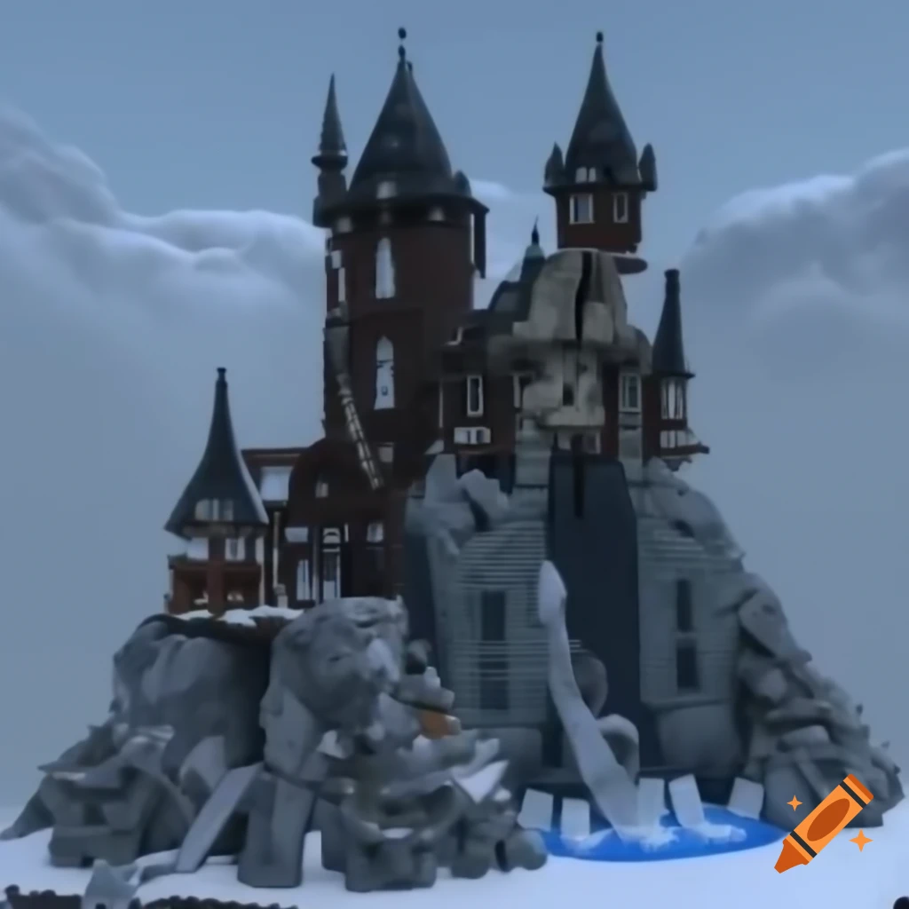 Gothic style Lego castle on snowy mountain plateau with frozen ...