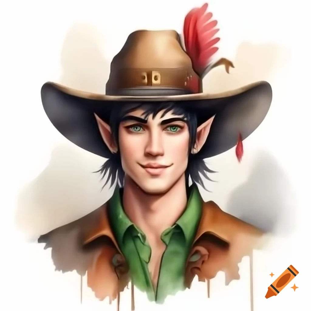 Half-elf bard in rancher hat and brown leather coat on Craiyon
