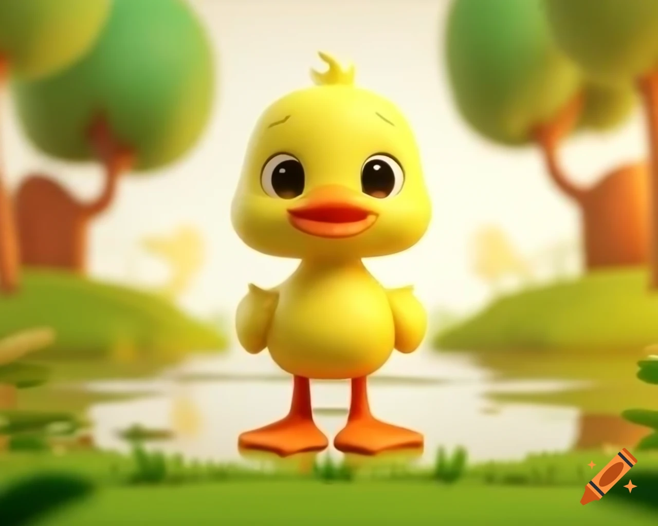 Cute little duck singing at peaceful pond with bright yellow feathers ...