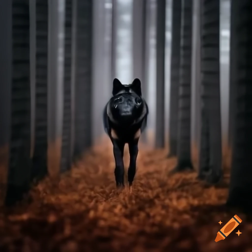 Black wolf standing against autumn winds among pines, ready for the ...