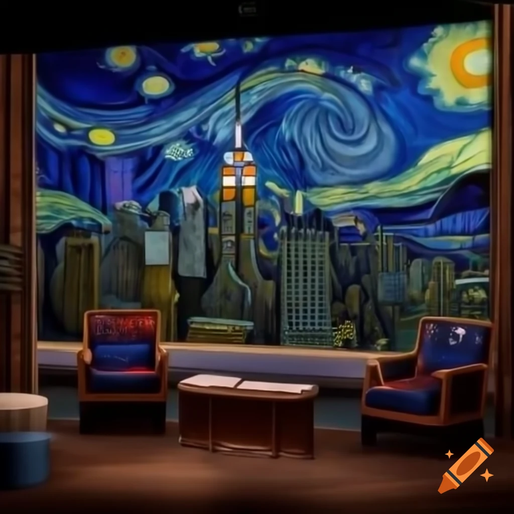 Late night talk show set with stained glass NYC skyline in Van Gogh ...