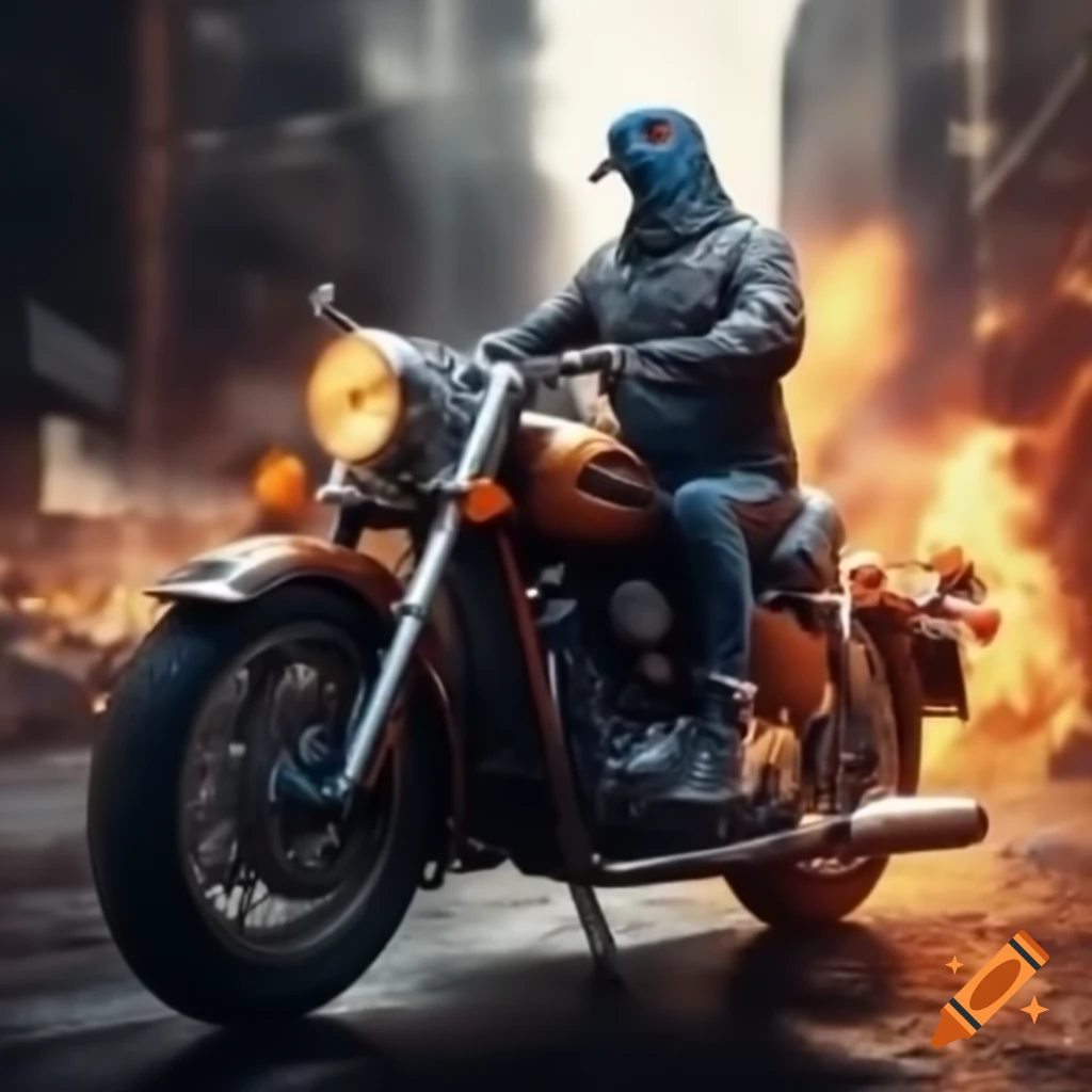 Pigeon on motorbike with burning city backdrop on Craiyon