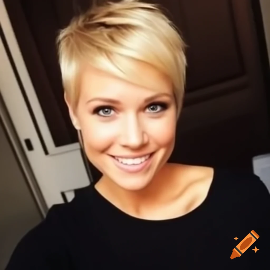 Amy McAdams with pixie blonde hair taking a selfie on Craiyon