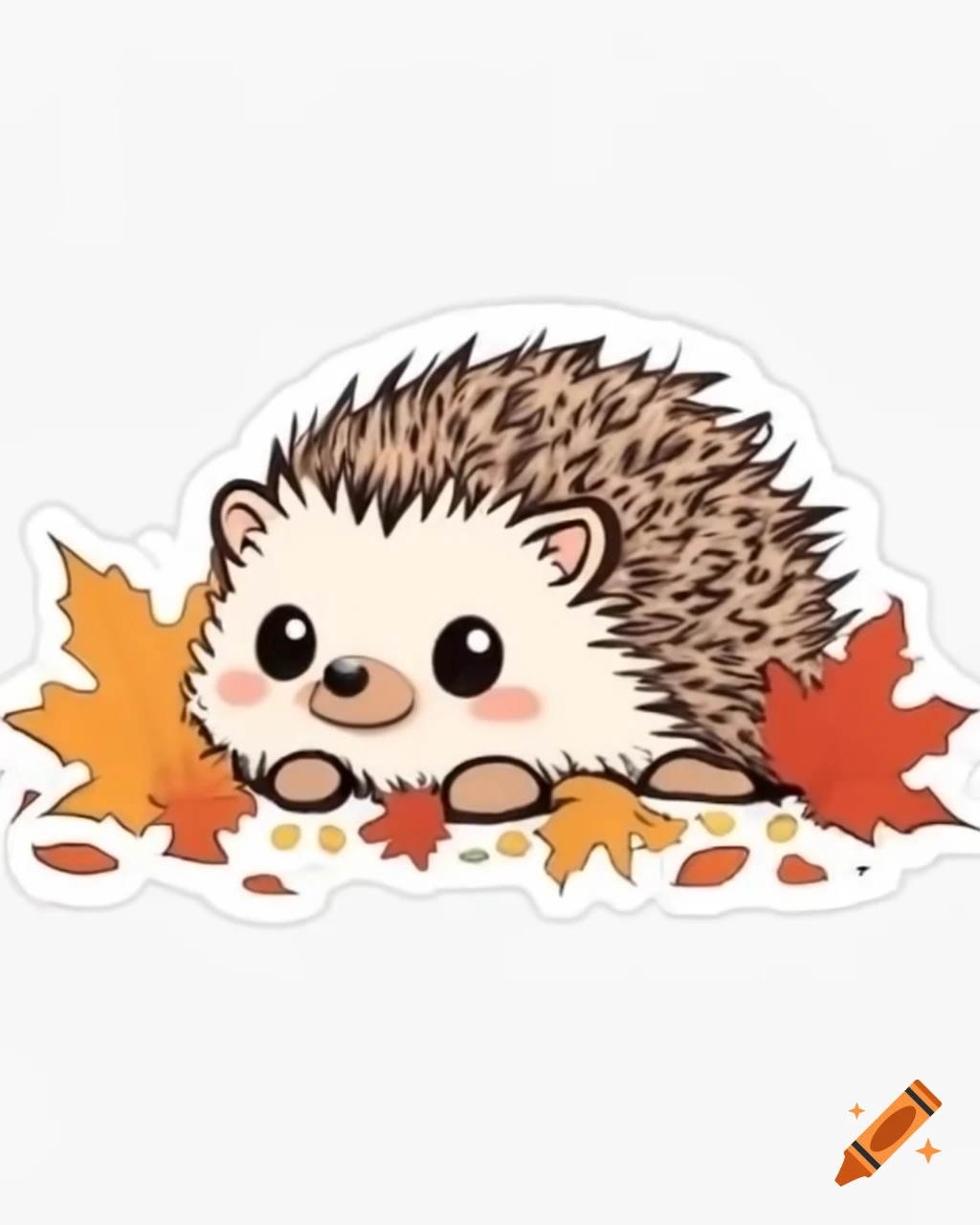 Chibi hedgehog in pile of autumn leaves on white background on Craiyon