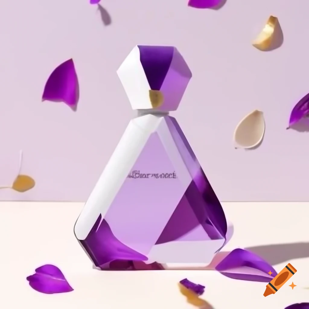 Unique triangle-shaped fragrance bottle with purple writing and elegant ...