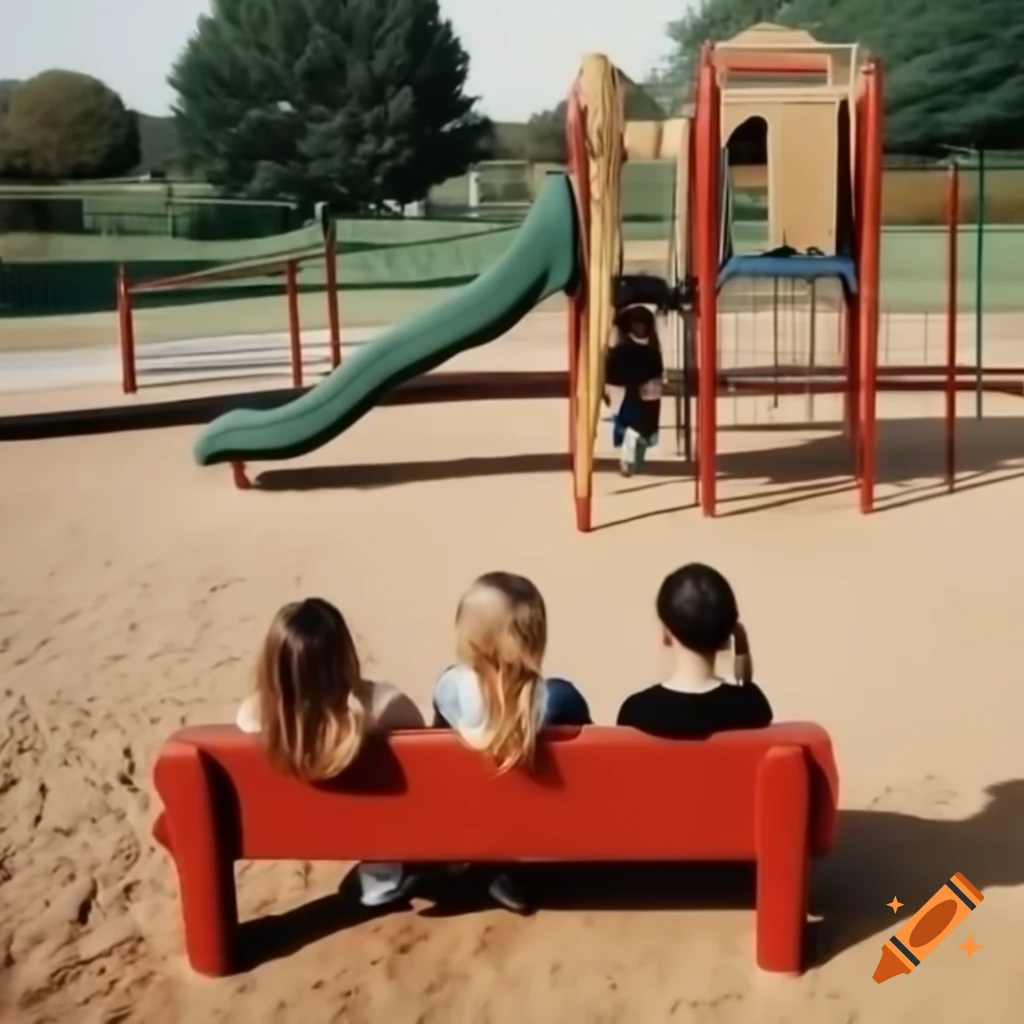 Women and children at playground with red bench and pram on Craiyon