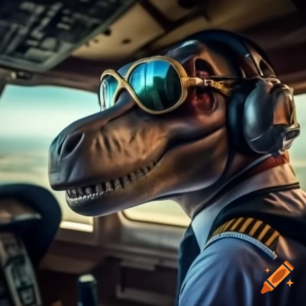 Anthropomorphic T-rex in pilot uniform with aviator sunglasses in ...