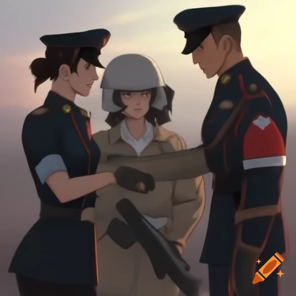 Female officer giving orders to male soldier holding a gun, manhwa ...