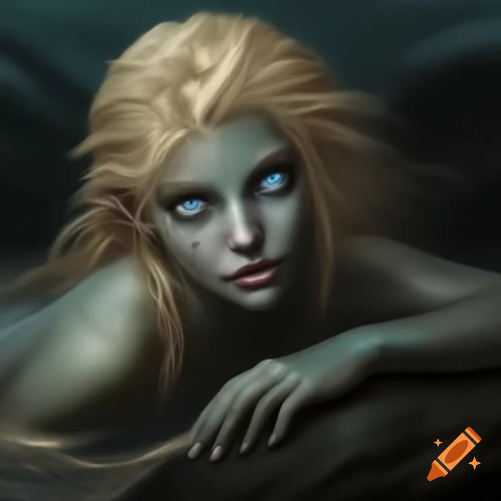 Realistic mermaid with blond hair, blue eyes, and sharp teeth hiding ...