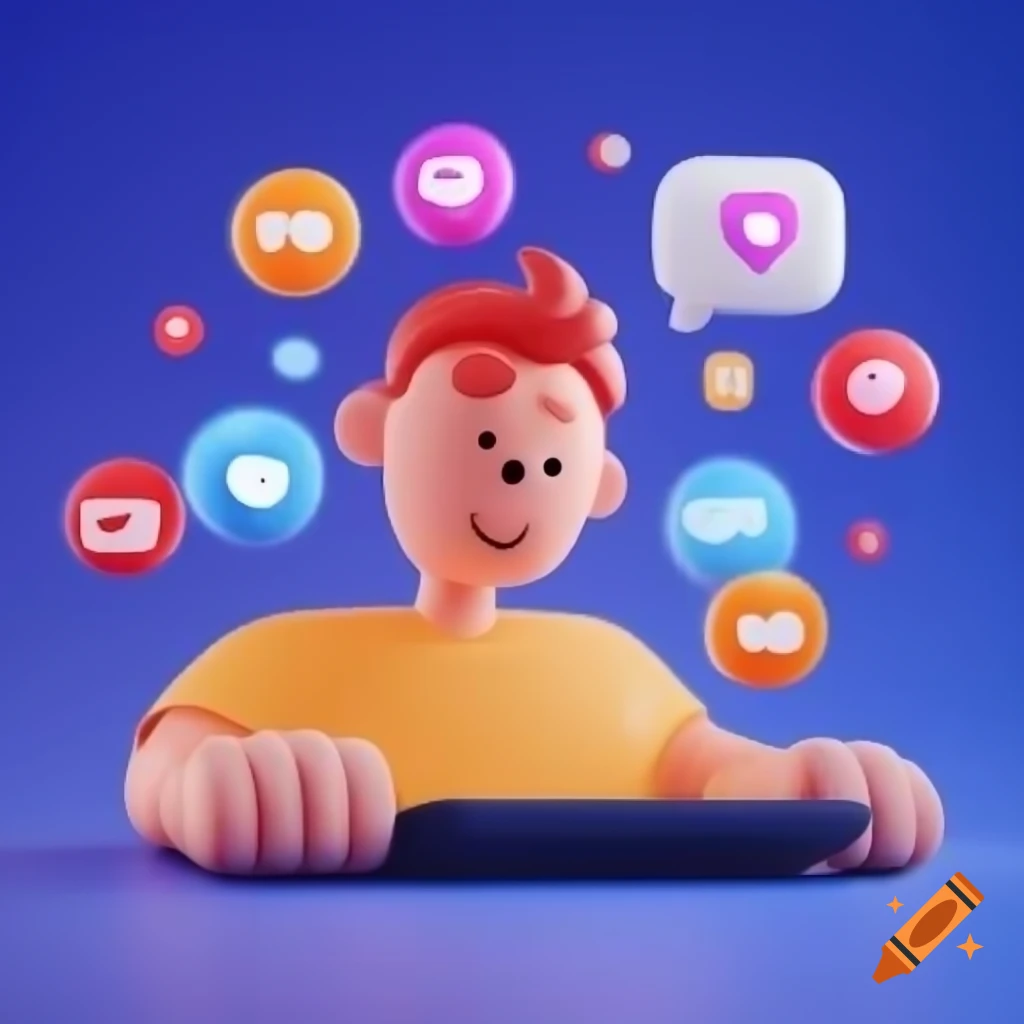 Happy person using phone with 3D social media icons floating on Craiyon