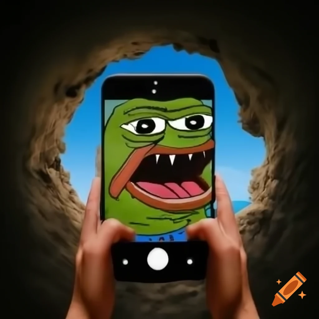 Hands scrolling phone into black hole featuring Pepe meme on Craiyon