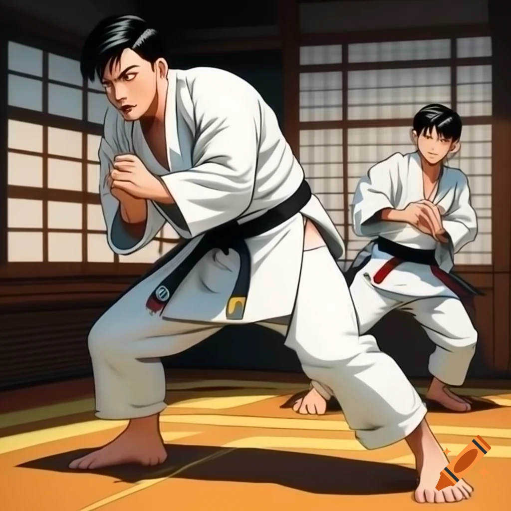 Two judoka executing ippon throw technique in traditional dojo on Craiyon