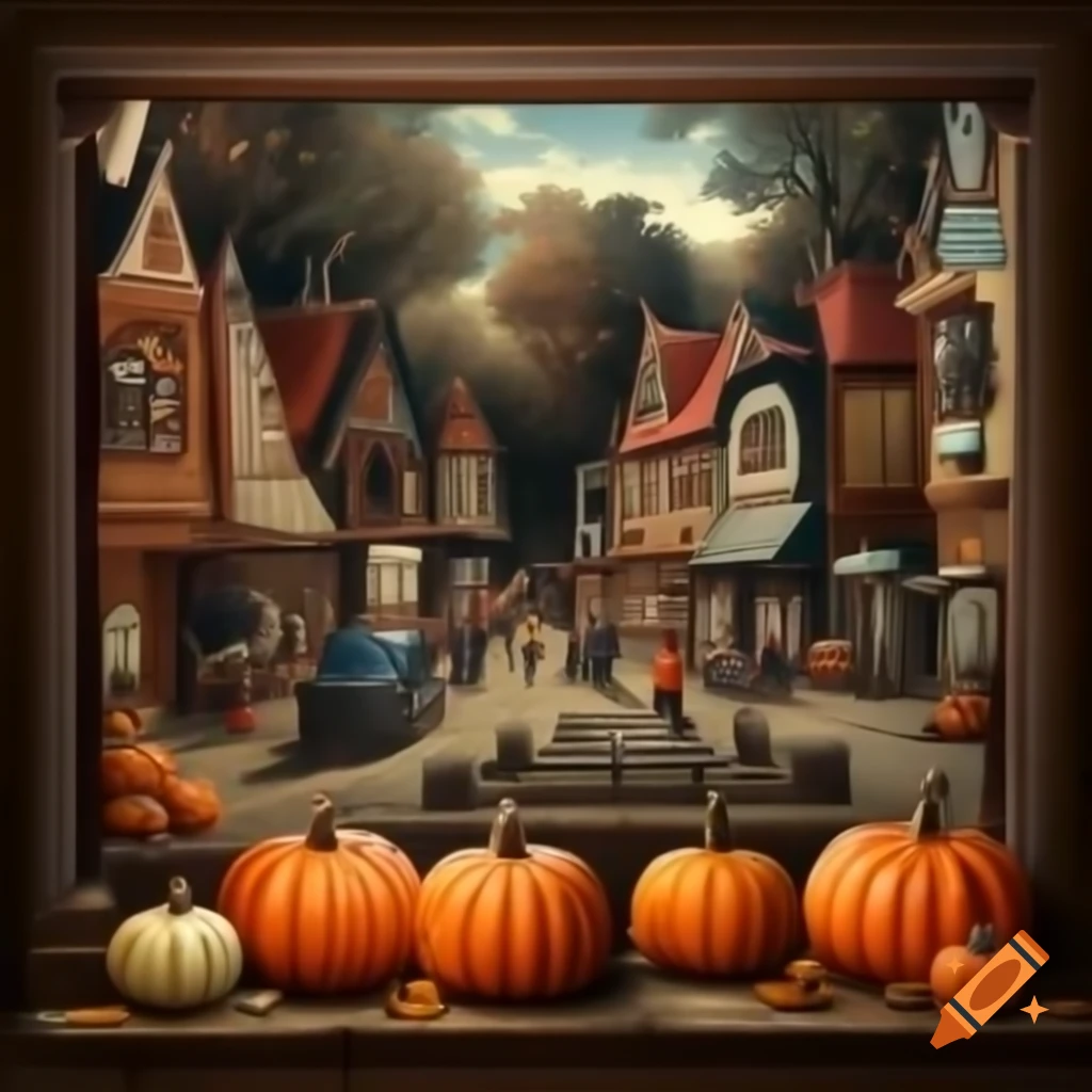 18th century-style village in autumn with pumpkins in shop windows on ...