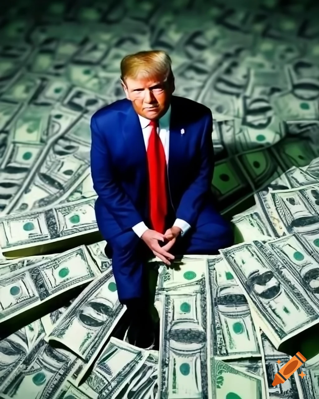Donald Trump seated on large stack of dollar bills on Craiyon