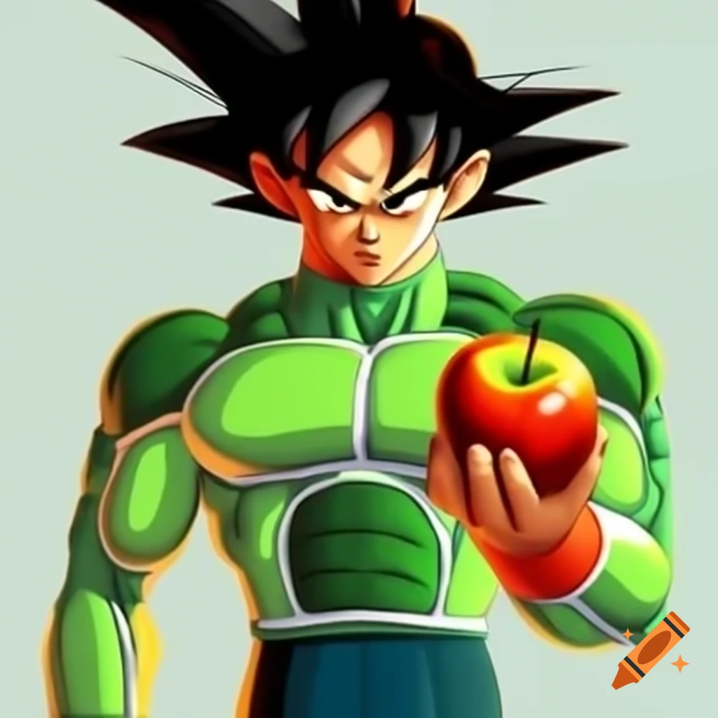 Goku battling a character in green latex suit and apple head on Craiyon