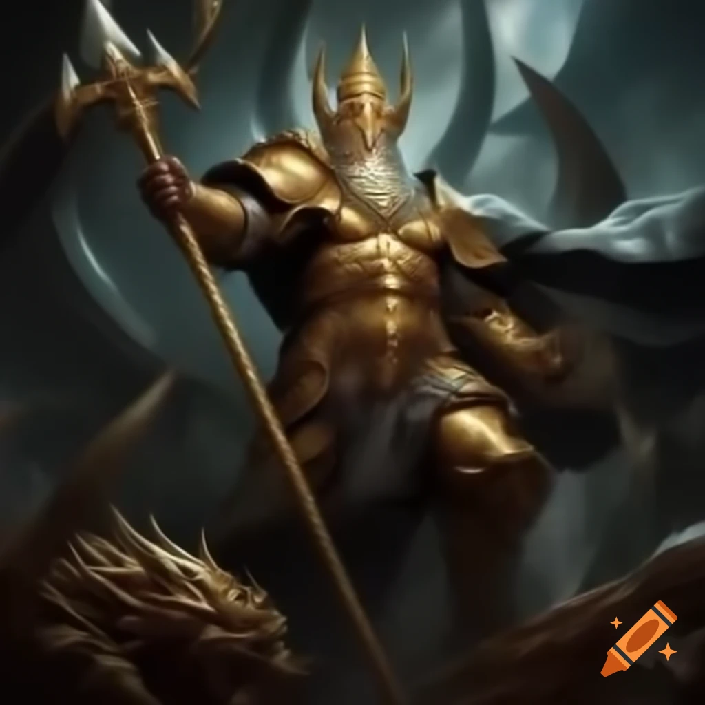Golden warrior in black armor flying with spear against monstrous Chaos ...