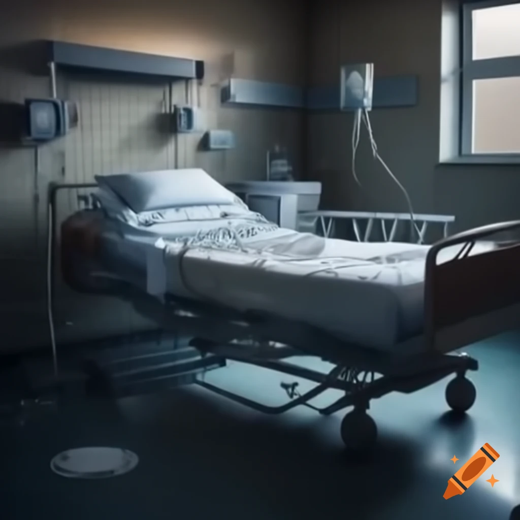 Realistic empty hospital bed with defibrillator and IV drip on Craiyon