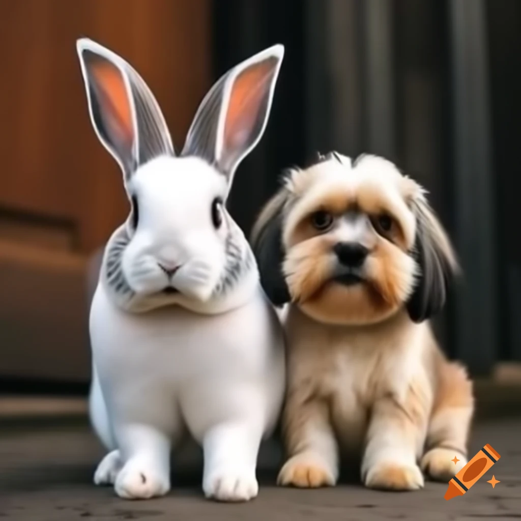 Cute bunny and dog of similar size standing side by side on Craiyon