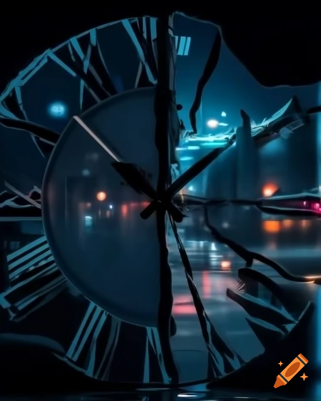 Fragmented clock overlaying cityscape at night with rain and neon ...