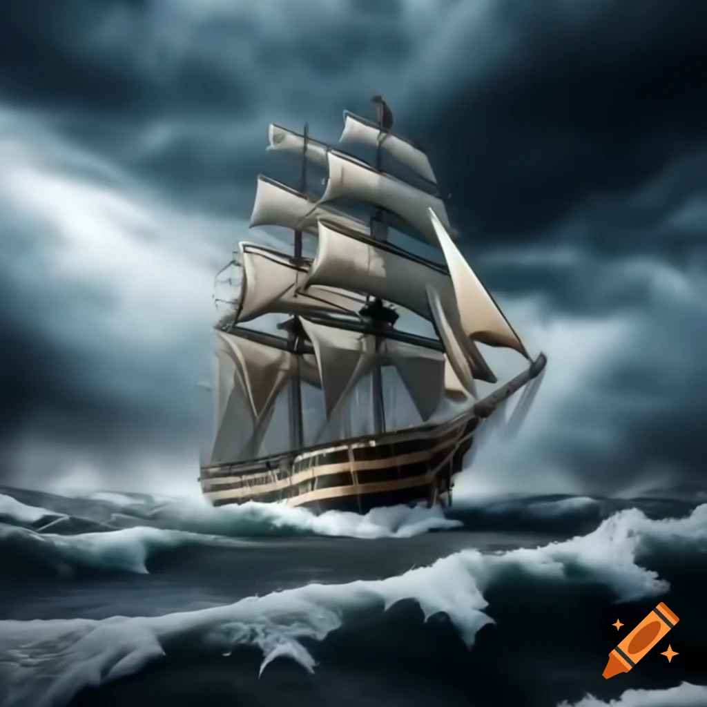 Sailing barkentine ship in a storm with two masts on Craiyon