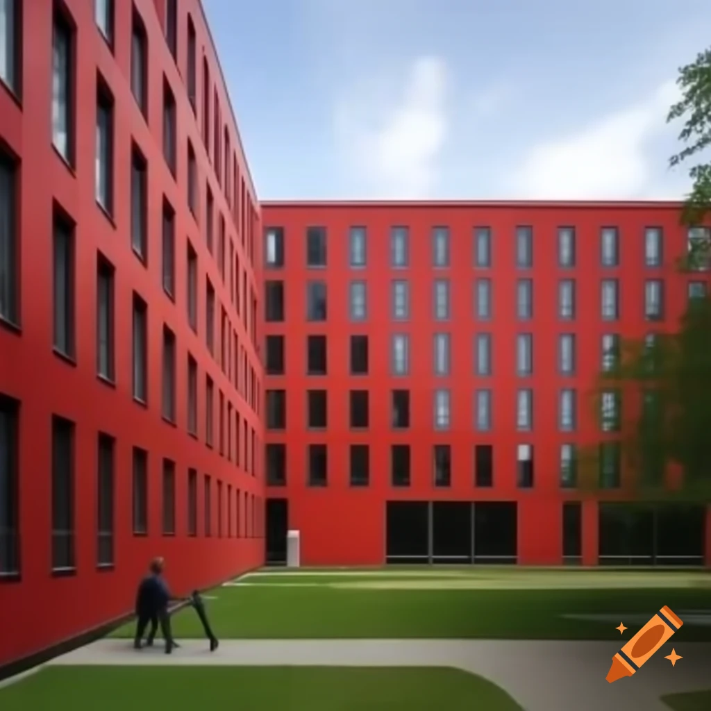 Red building with 'ESB' written, set in a campus in the year 2040 with ...