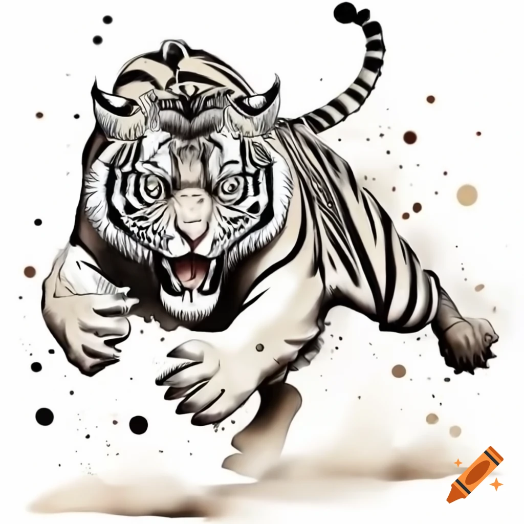 Dynamic manga-style tiger leaping with black outlines and shading on ...