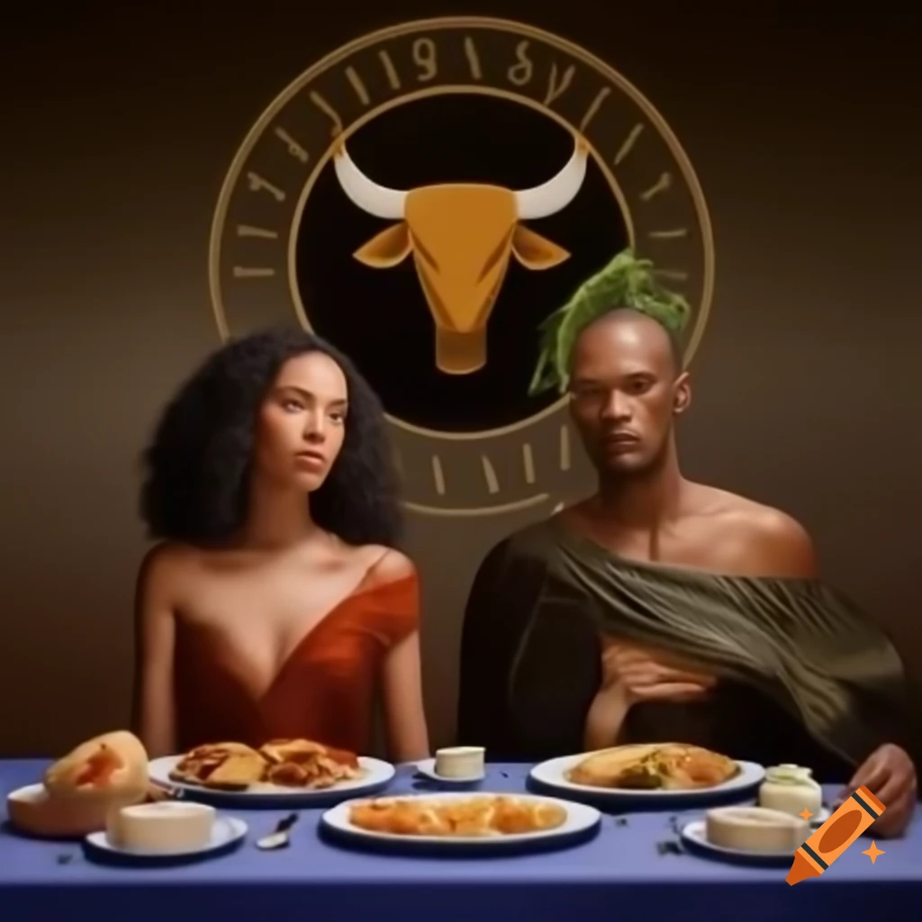 Taurus couple in luxury clothing with meals on table and zodiac logo background on Craiyon