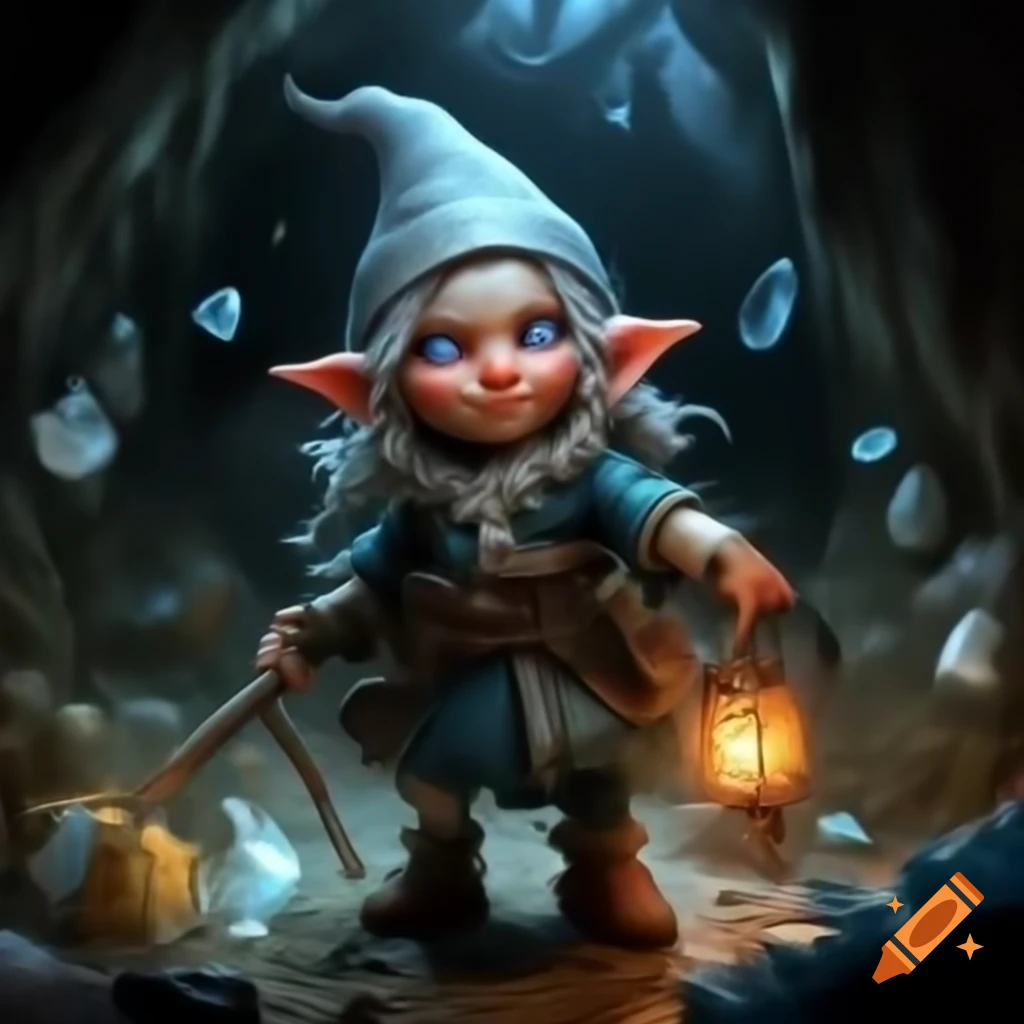 Female DND gnome emerging from trash-filled cave with glowing blue eyes ...