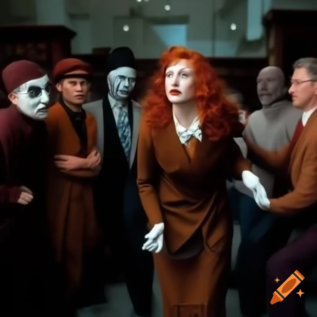 Redheaded woman walking with entourage of a librarian, mime artist, and ...