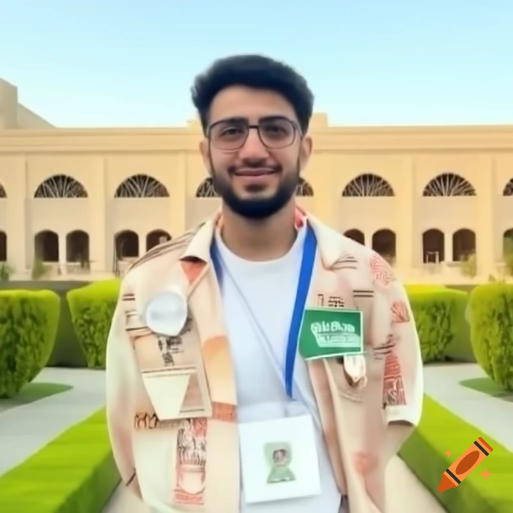 Collage student wearing AWS badge in university garden, Arabic ...