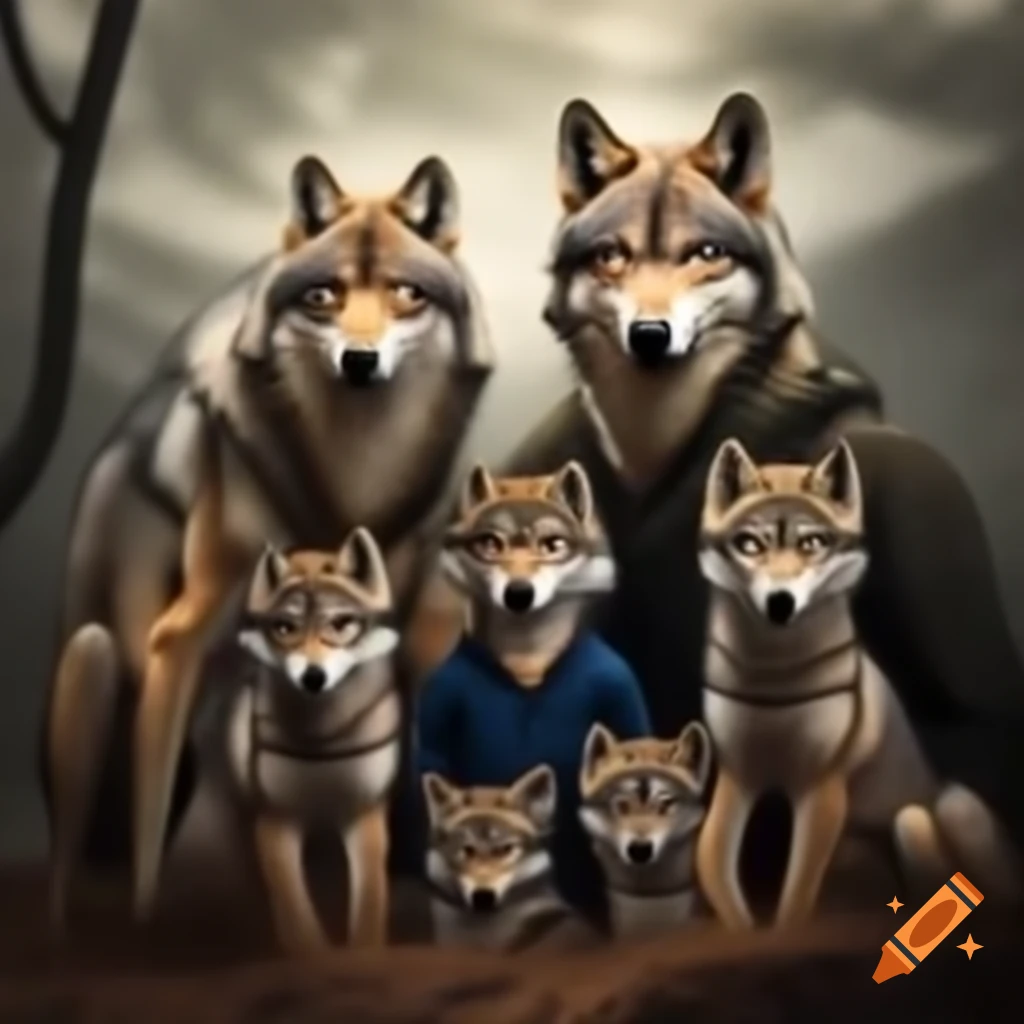 Family of six wolves, two adults and four cubs on Craiyon