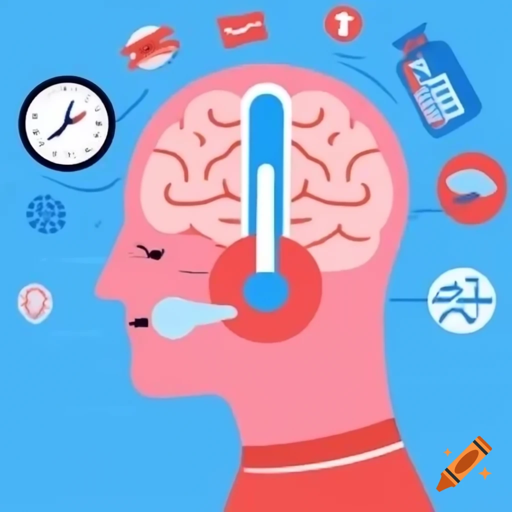 Illustration of brain with thermometer and balancing scale representing ...
