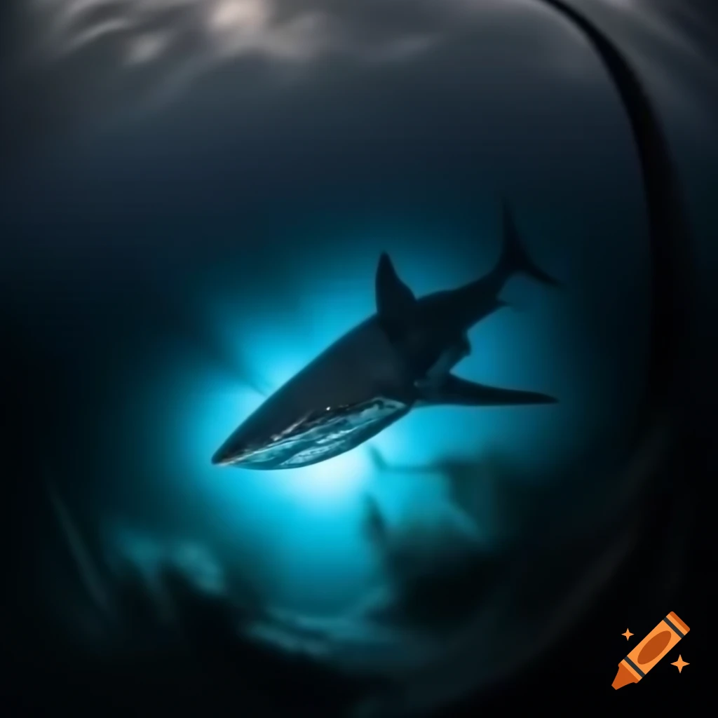 Bioluminescent shark glowing in abyssal depths, illuminating dark water ...