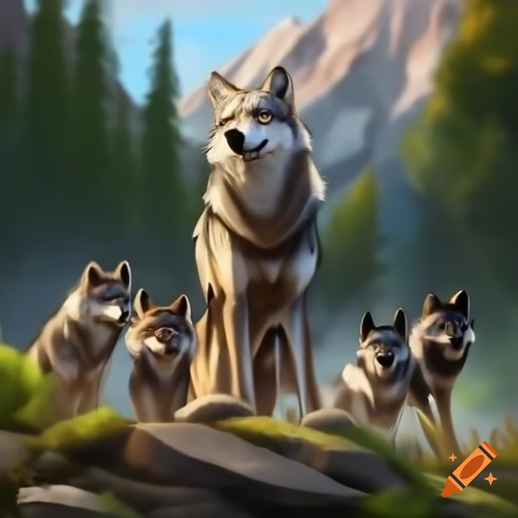 Pack of wolves with 2 adults and 3 young wolves on Craiyon