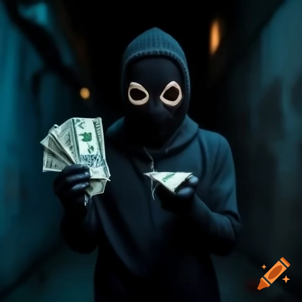Shadowy figure in balaclava holding money in dim alley with flickering ...