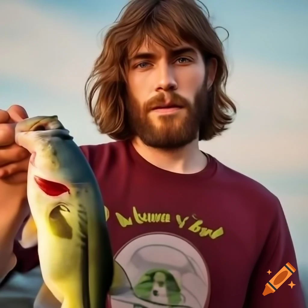 Young man with beard holding small bass fish, wearing maroon t-shirt on ...