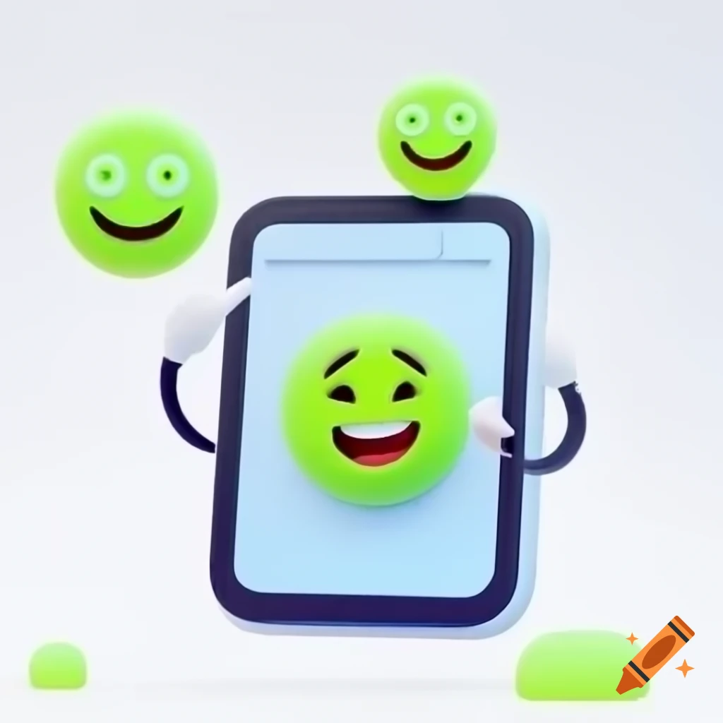 Upward facing animated mobile screen with floating smiling green emojis ...