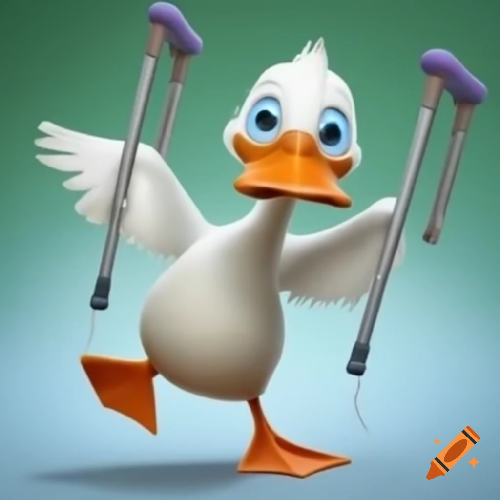 Cartoon-style duck with crutches waddle, showcasing determination on ...