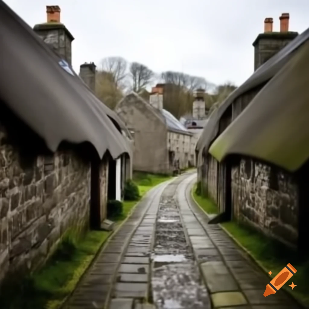 Winding cobblestone path through charming scottish village with ancient ...