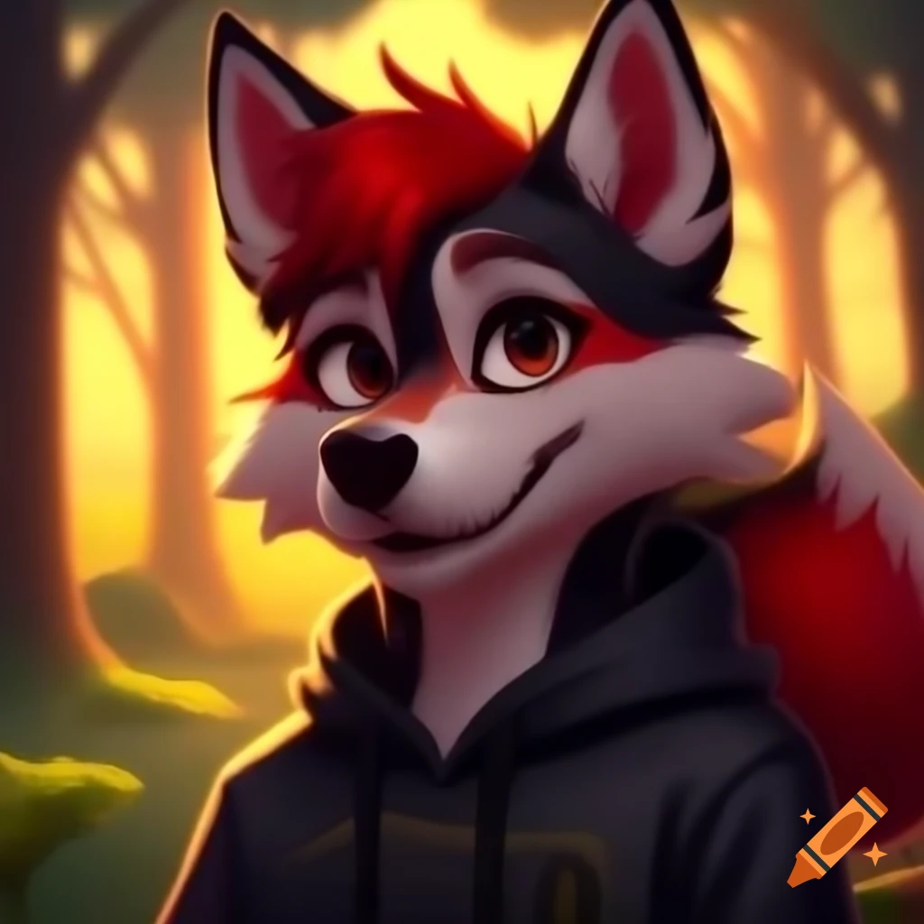Cheerful Husky fursona with red and black fur in a black hoodie among ...