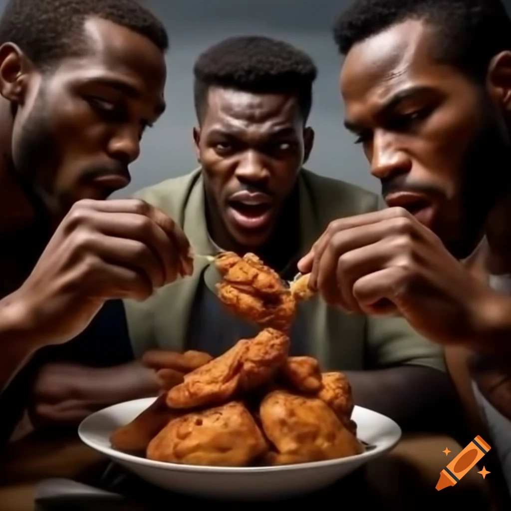 Realistic depiction of men enjoying fried chicken on Craiyon